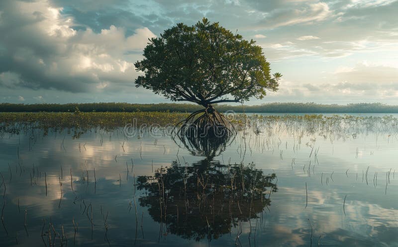 A Large Tree is Reflected in the Water by AI Generated Image Stock ...