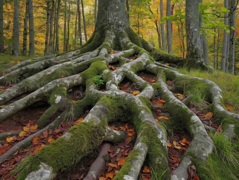 A Large Tree Root is Surrounded by Moss and Leaves Stock Photo - Image ...