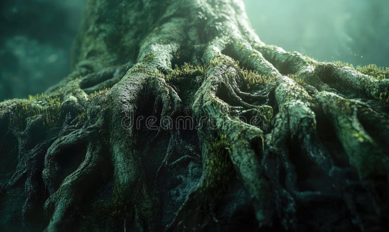 A Large Tree with Roots that are Covered in Moss Stock Photo - Image of ...