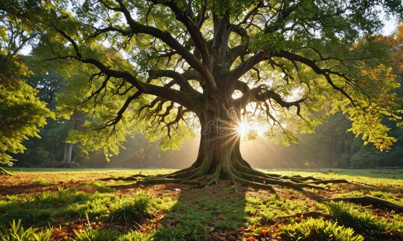 A Large Tree with Roots in the Ground and Sunlight Shining on it. Stock ...