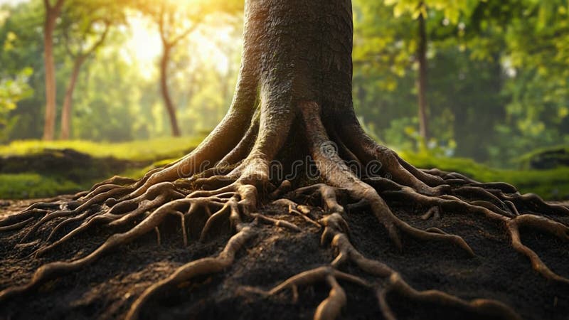 Large Tree Roots Growing from Soil in Forest at Sunset Stock Footage ...