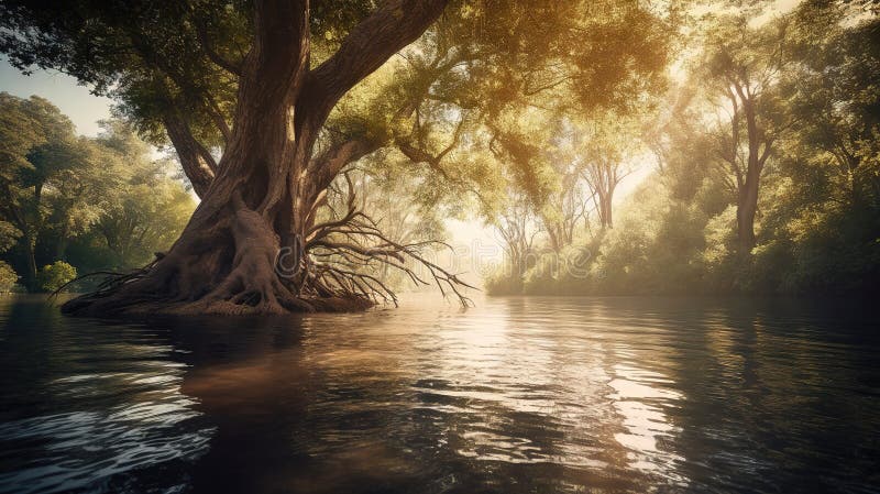 A Large Tree Sitting on Top of a River Next To a Forest Stock ...