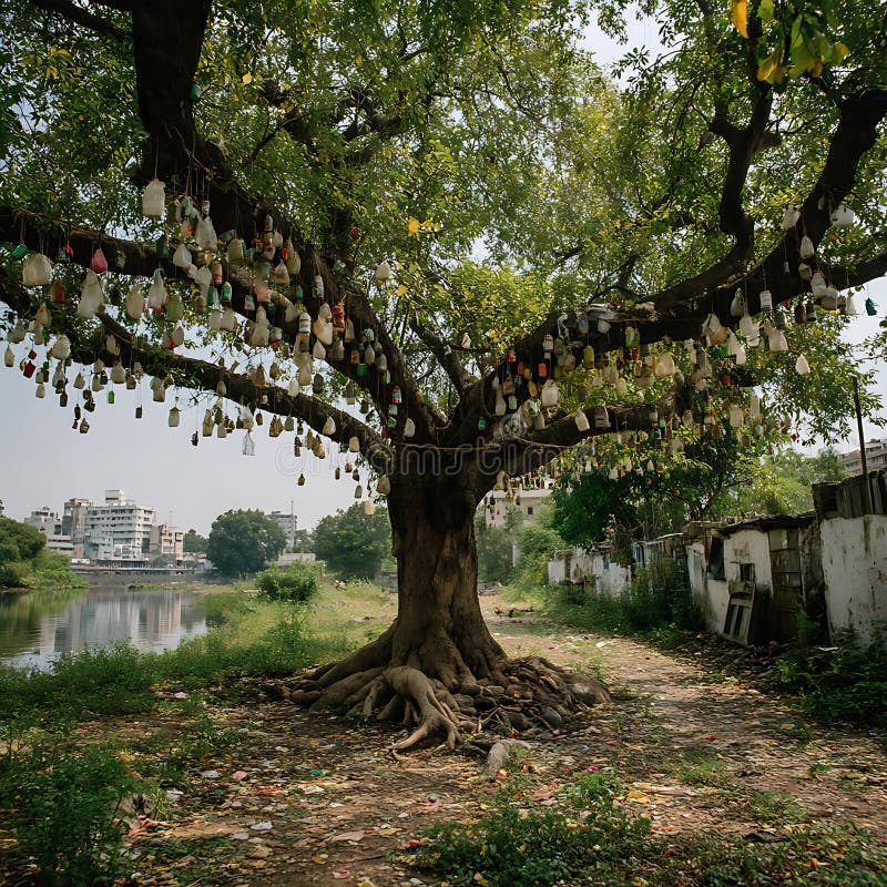 A Large Tree with Sprawling Branches Displays Numerous Plastic Bottles ...