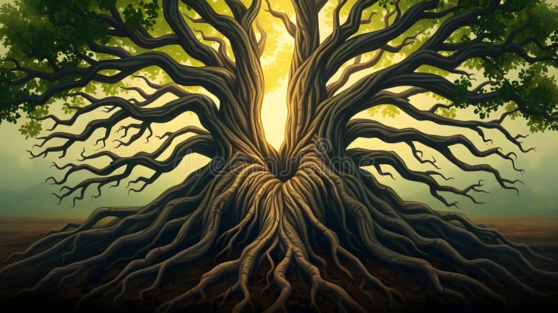 A Large Tree with Sprawling Roots and Branches Glows with Warm Light ...