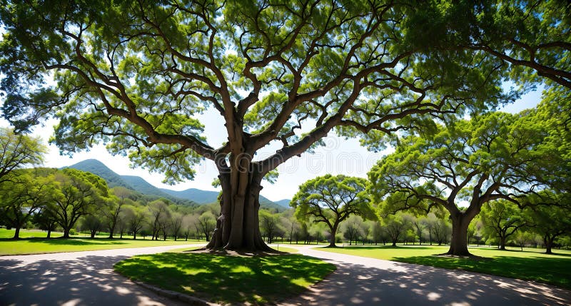 A Large Tree Standing in the Middle of a Park with a Path Leading Up To ...
