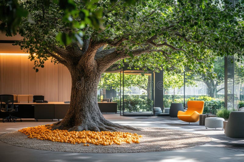 A Large Tree Stands Alone in the Center of a Room, Surrounded by Walls ...