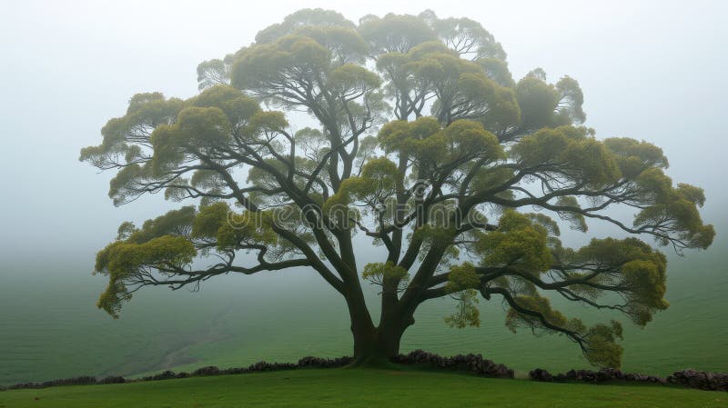 A Large Tree Stands Alone in a Field, Shrouded in Mist Stock Photo ...