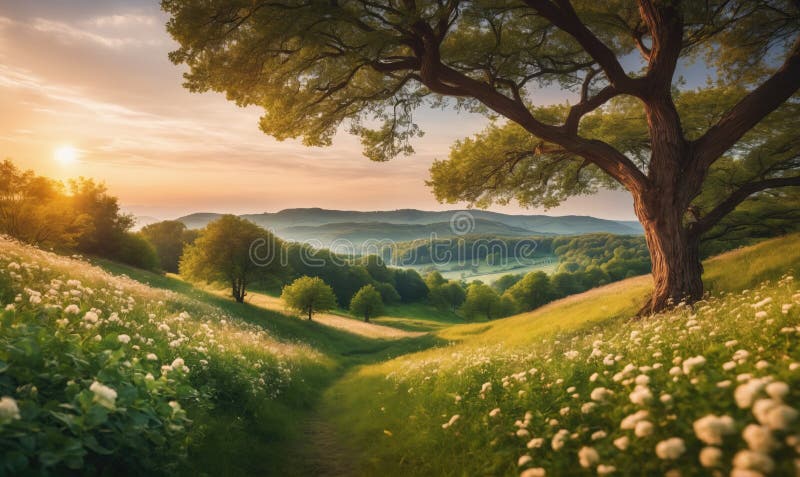 A Large Tree Stands on a Hillside Overlooking a Valley at Sunset Stock ...