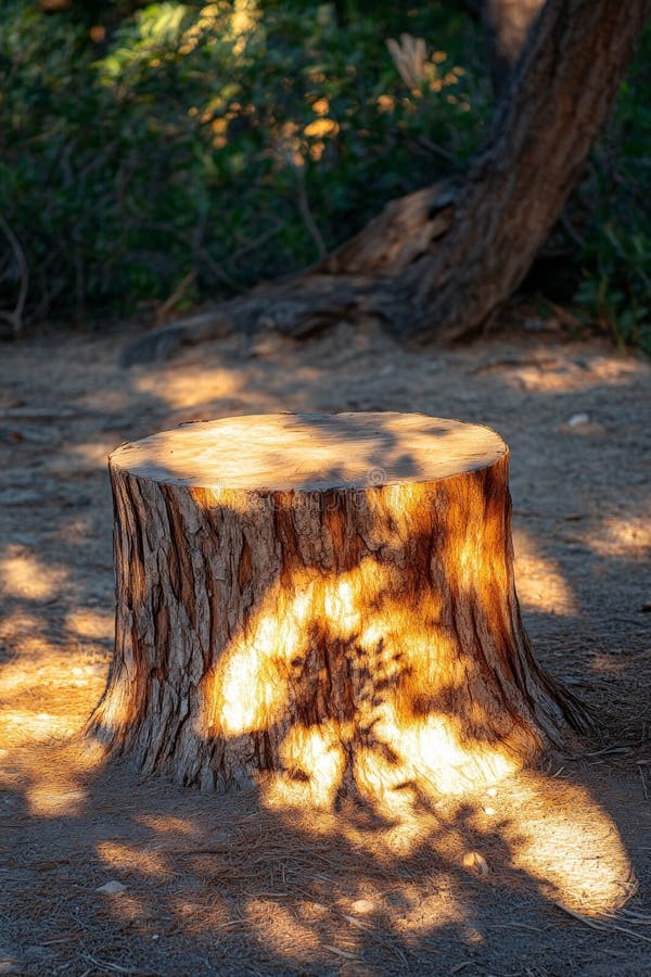 Sunlight Casts Delicate Shadows on a Tree Stump Surrounded by Nature in ...