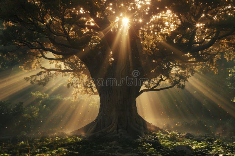 A Large Tree with Sun Rays in the Center of an Ancient Forest. Stock ...