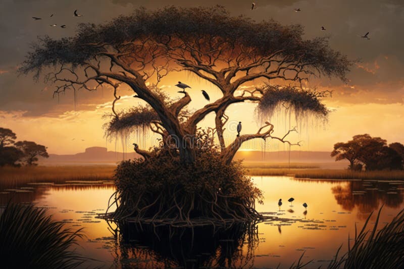 Large Tree at Sunset in the African Savannah. Created with Generative ...