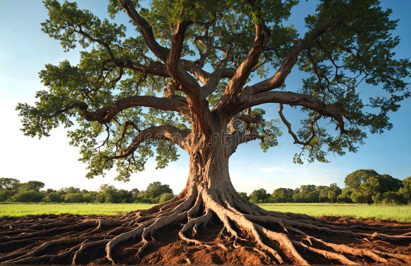 A Large Tree with a Thick Trunk and Many Roots Stock Illustration ...