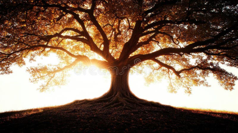 A Large Tree with a Thick Trunk and Sprawling Branches Stands on a Hill ...