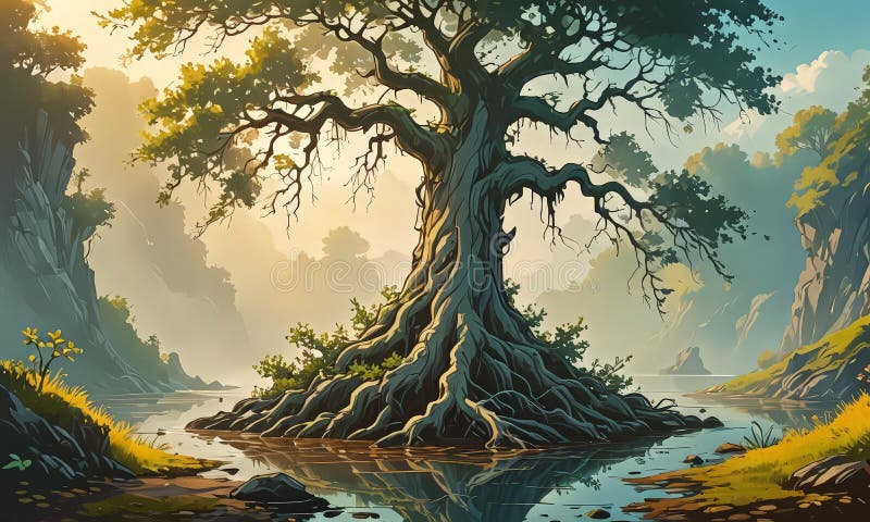Large Tree with Thick Trunk and Sprawling Branches Stands in Serene ...