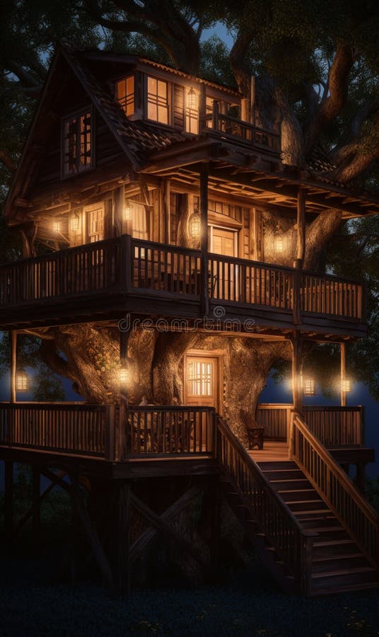 Large Treehouse with Lights Inside in the Evening Stock Image - Image ...