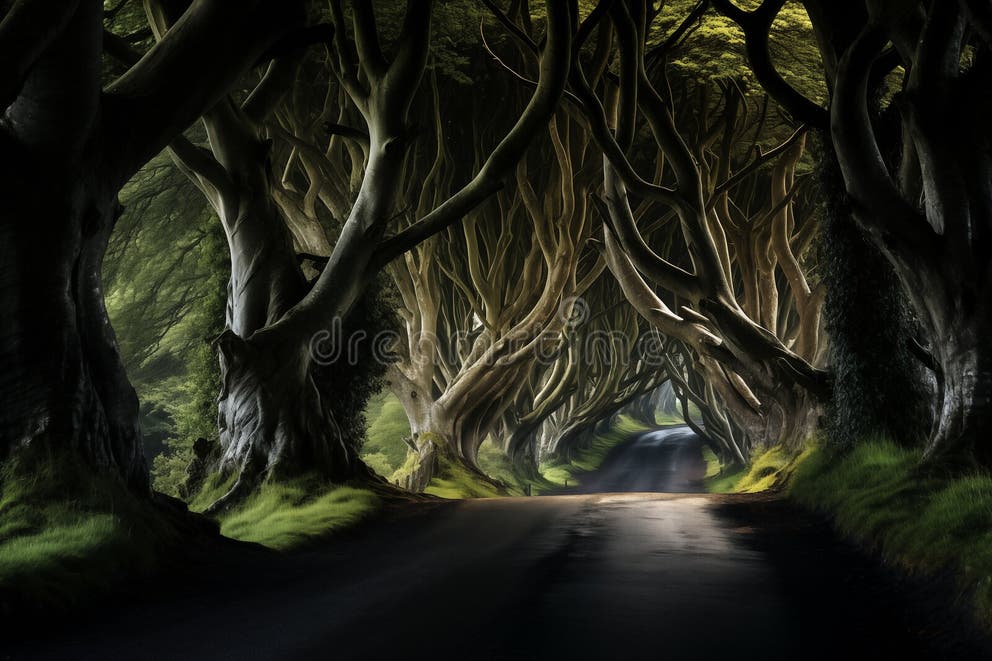 Large Trees Overhanging the Road Stock Photo - Image of rural, gray ...