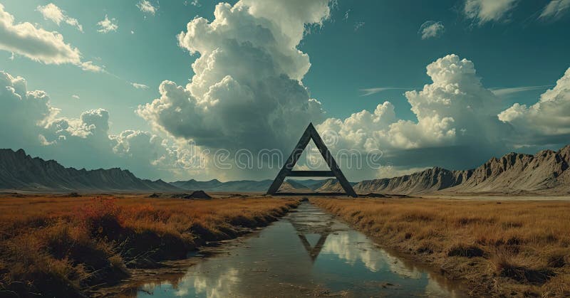 A Large Triangle is in the Middle of a Desert with a Cloudy Sky. Stock ...