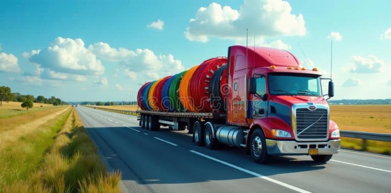 Large Truck Hauling Colorful Plastic Spools on Highway, Freight, Truck ...