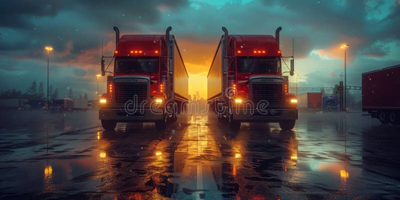 Large Trucks with Glowing Headlamps and Lights on Parking Site Under ...