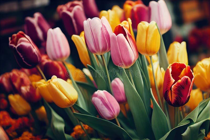 Large Tulips Bouquet of Colorful Flowers on Thin Stems Stock ...