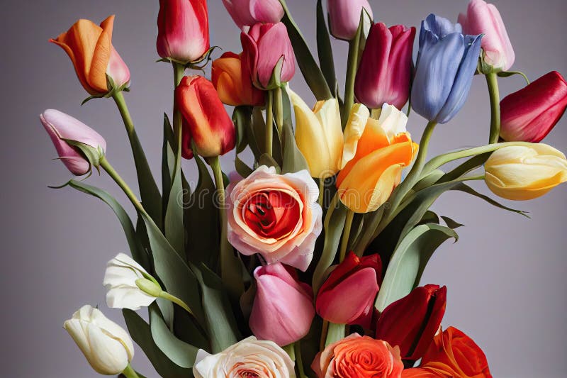 Large Tulips Bouquet of Colorful Flowers on Thin Stems Stock ...