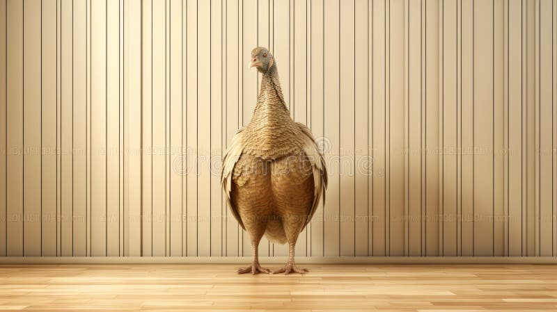 A Large Turkey Standing on a Wooden Floor in Front of a Wall Stock ...