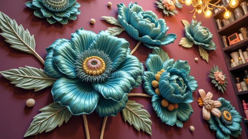 Large Turquoise Flower Wall Art with Dim Lighting and Modern Decor ...