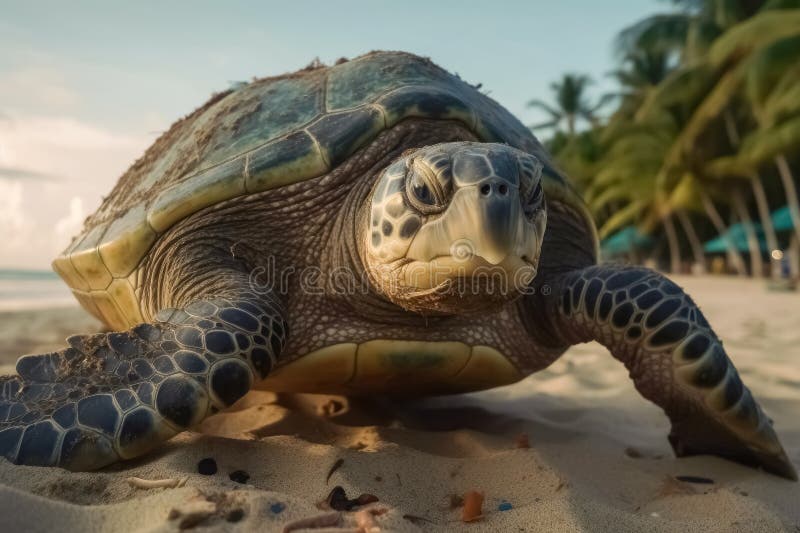 A Large Turtle Drags Itself Onto a Beach Created with Generative AI ...