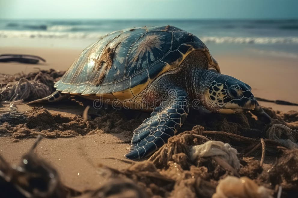 A Large Turtle Drags Itself Onto a Beach Created with Generative AI Technology Stock ...