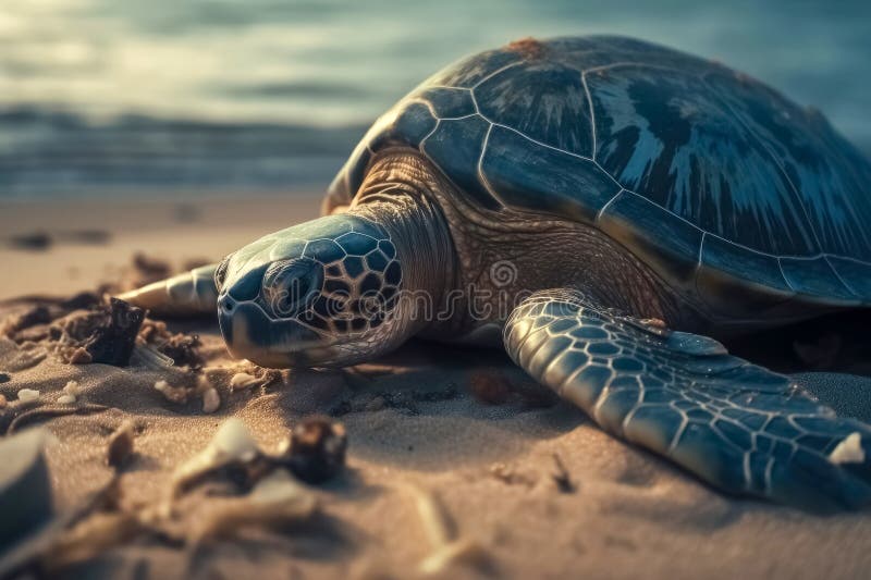 A Large Turtle Drags Itself Onto a Beach Created with Generative AI ...