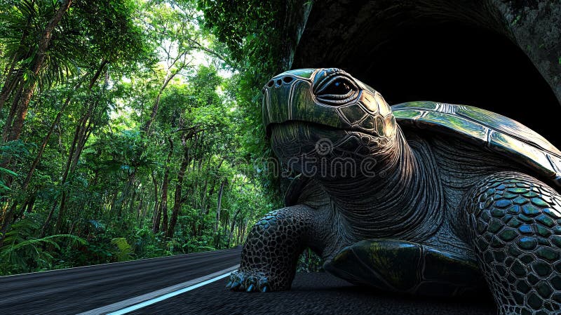 A Large Turtle Sitting on the Side of a Road in the Middle of a Forest ...