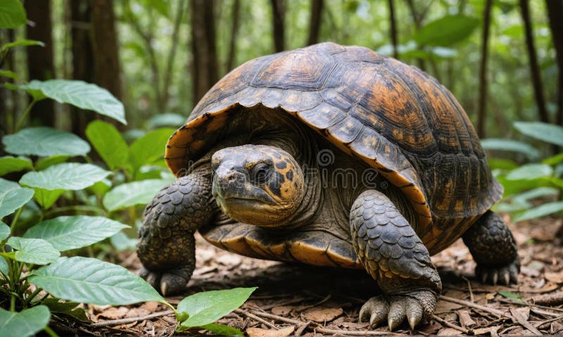 A Large Turtle Walks through a Forest, Its Shell a Dark Brown with ...