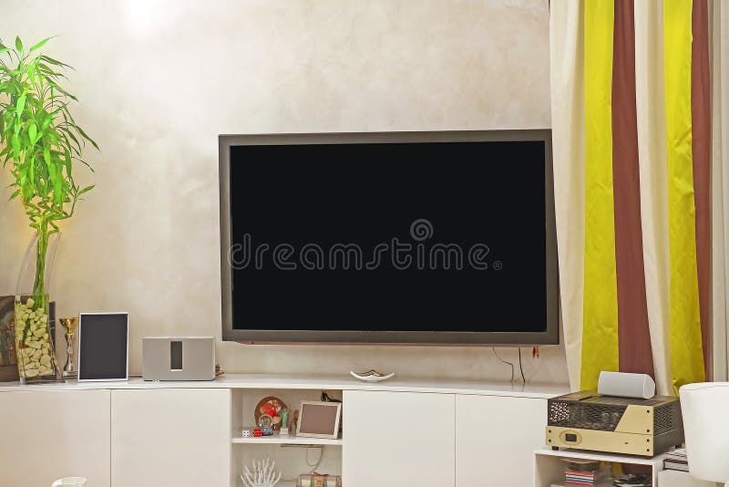 Large TV Screen Inside Living Room Interior Stock Photo - Image of home ...