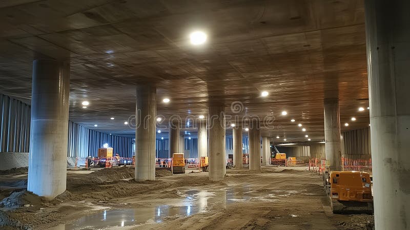 Large Underground Construction Site Featuring Numerous Concrete Columns ...