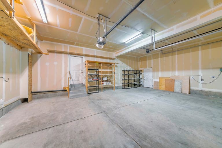 Large Unfinished Garage Interior with Wall Patch Marks Stock Photo ...