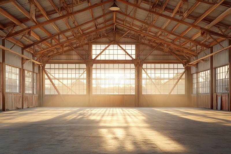 A Large Vacant Room Featuring High Ceilings and a Concrete Floor Stock ...