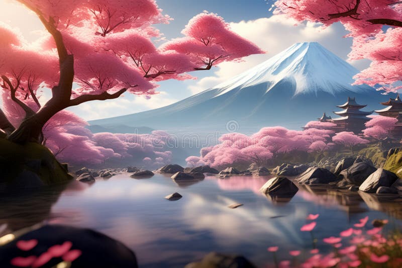 Large Valley of Cherry Blossom Trees Stock Illustration - Illustration ...