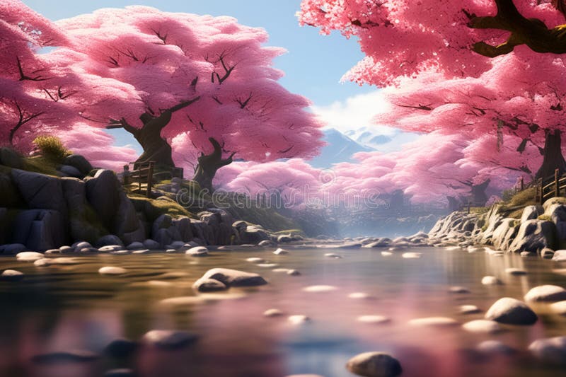 Large Valley of Cherry Blossom Trees Stock Illustration - Illustration ...