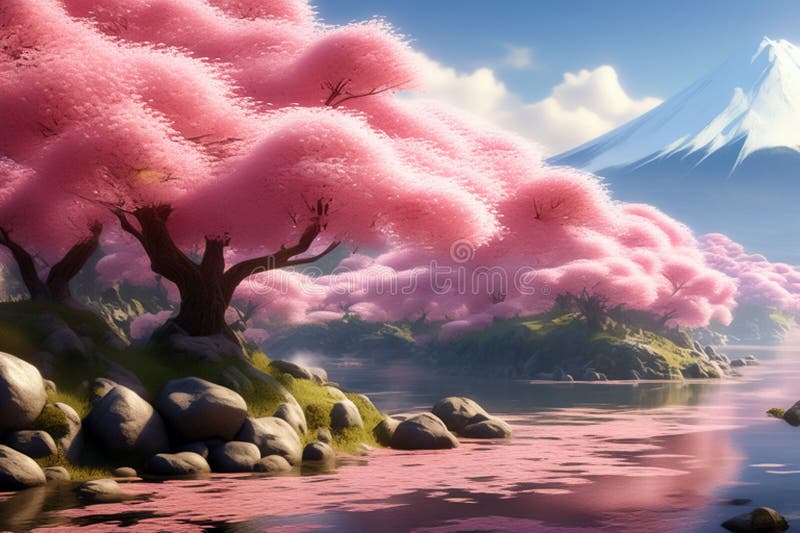 Large Valley of Cherry Blossom Trees Stock Illustration - Illustration ...