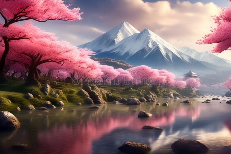 Large Valley of Cherry Blossom Trees Stock Illustration - Illustration ...