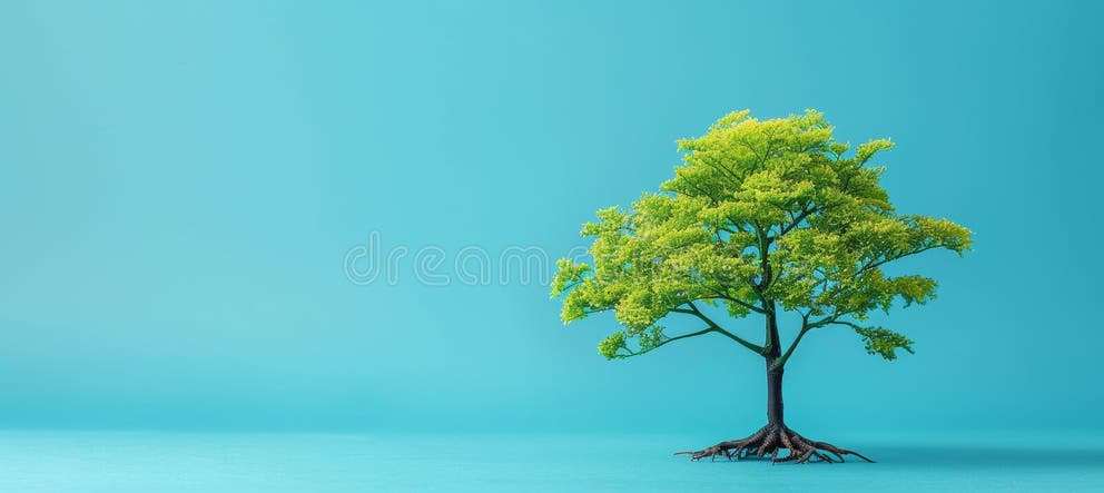 Large Verdant Tree with Visible Roots in Ground, Blank Background for ...
