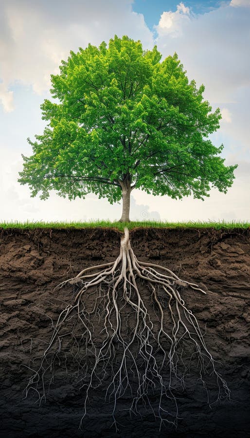 Large Verdant Tree with Visible Roots on Ground, Copy Space in ...