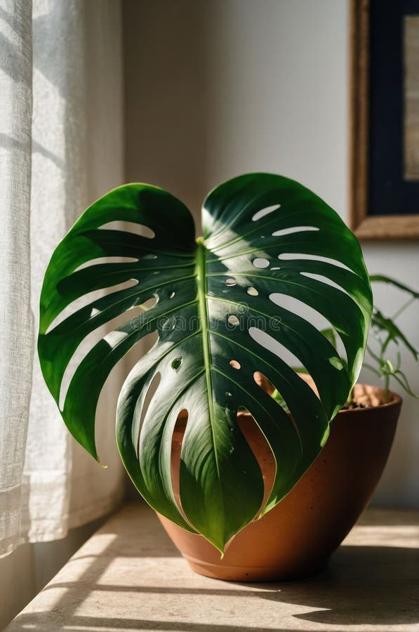 Large Monstera Deliciosa Leaf in Sunlight Near Window Stock ...