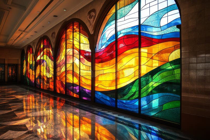 Large, Vibrant Stained Glass Windows Depicting Abstract Wave Patterns ...