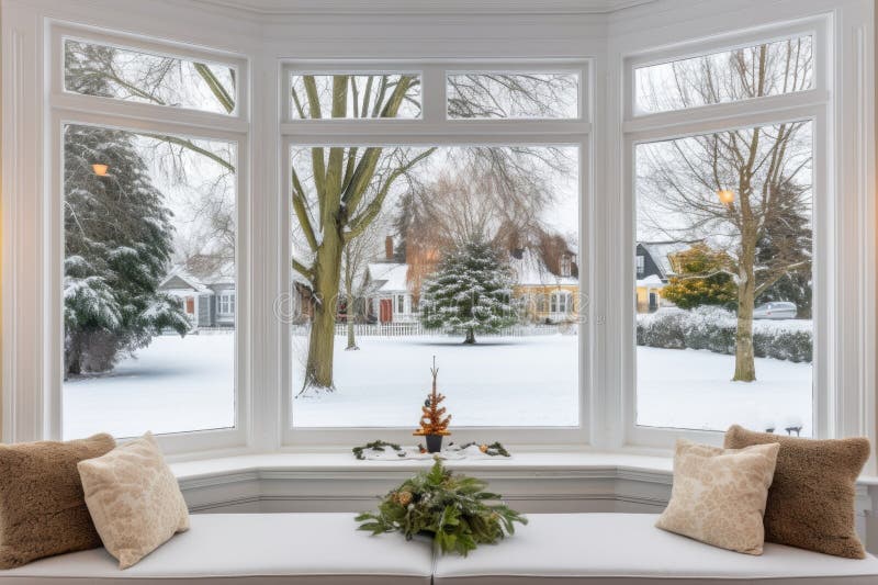 Large Victorian Bay Window with Snowy Yard View Stock Photo - Image of ...