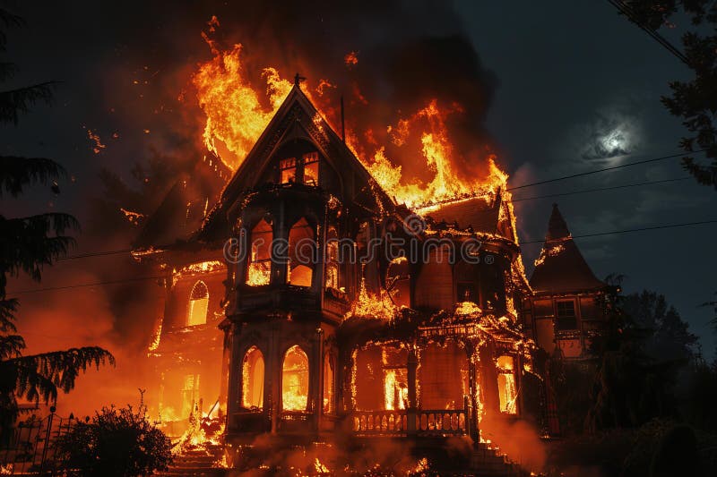 Large Victorian Era Home Engulfed in Flames at Night Stock Image ...