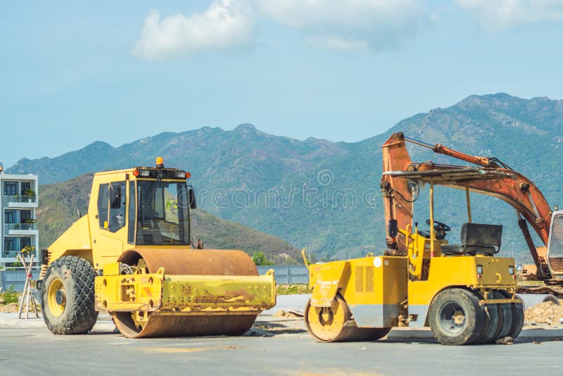 Large View on the Road Rollers Working on the New Road Construction ...
