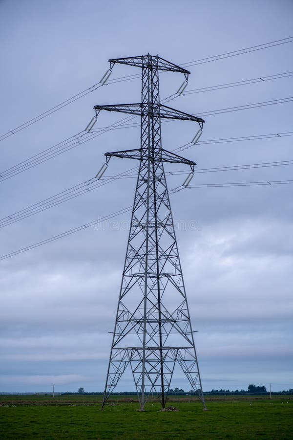 Large View of the Power Lines on the Field with Cloudy Background Stock ...