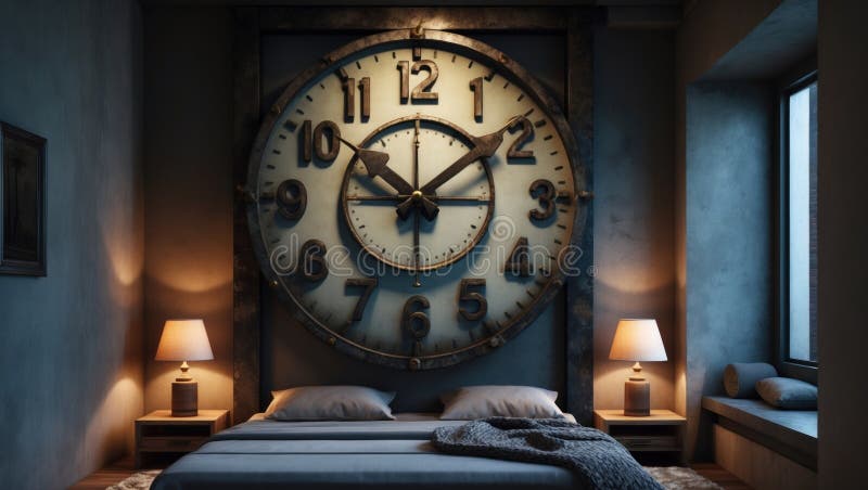 Large Vintage Clock Above Bed in Modern Bedroom Interior Design Stock ...