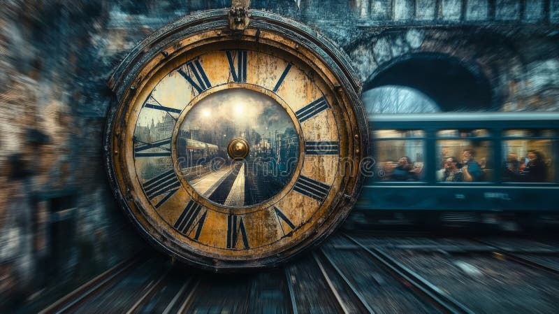 Large Vintage Clock Merging with Railway in a Surreal Setting Stock ...